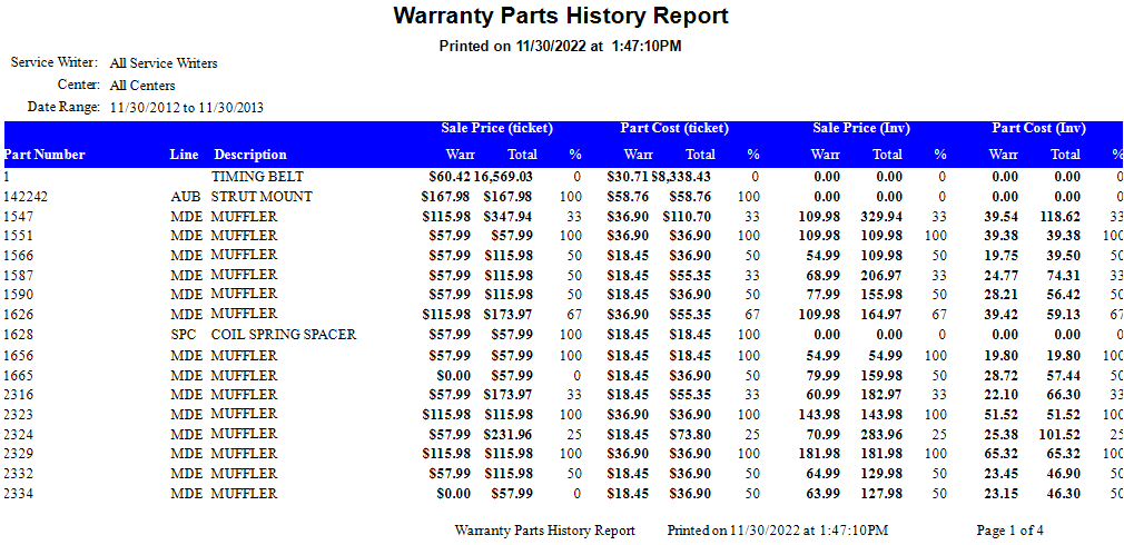 Warranty Parts History Report Redesign