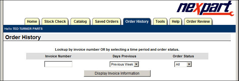 Nexpart Order History and Tools