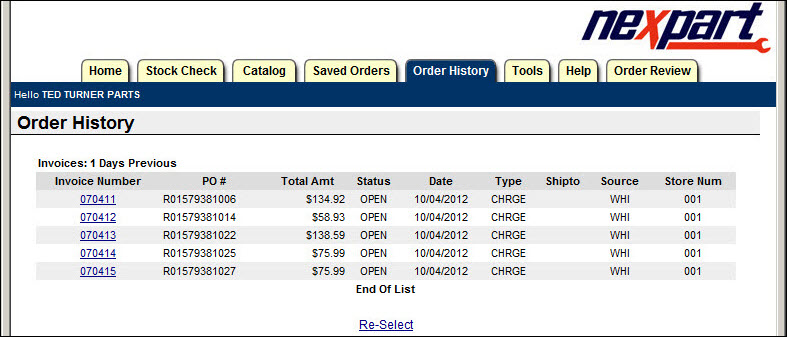 Nexpart Order History and Tools
